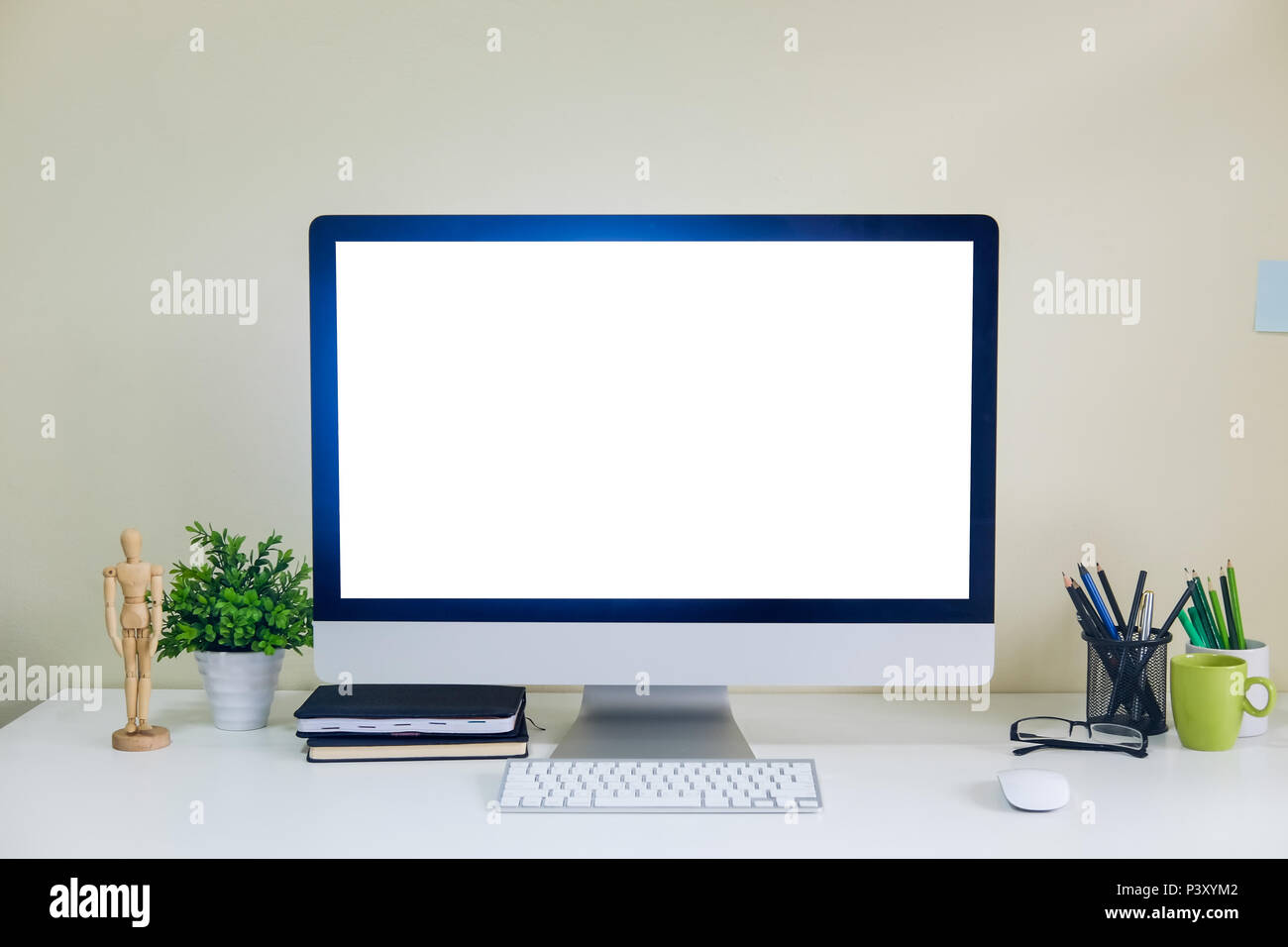 Mock up Computer on workspace with colour pencil artist workplace Stock ...