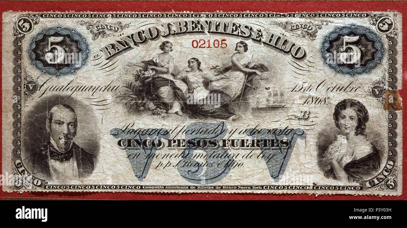 BILLETE DE CINCO PESOS FUERTES - OCTUBRE 1868- BANCO BENITES. Location ...