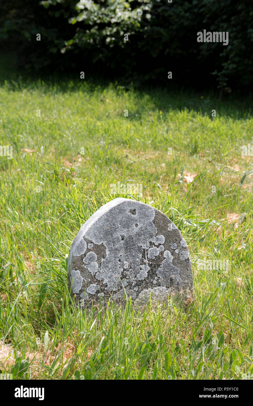 An old stone gravestone lost in the grass, weathered and old in a ...