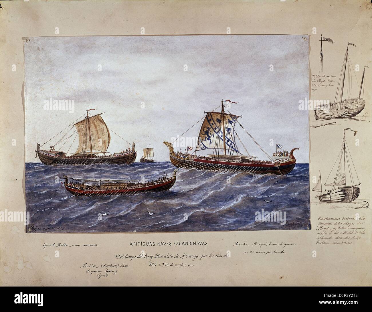Spanish school. Scandinavian primitive boats of Vikings. 19th century ...