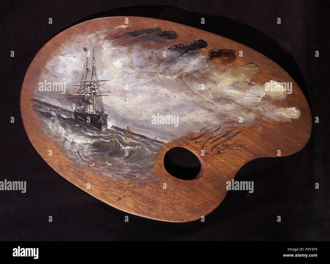 PALETA PINTADA CON UNA MARINA. Author: Rafael Monleón (1853-1900 ...