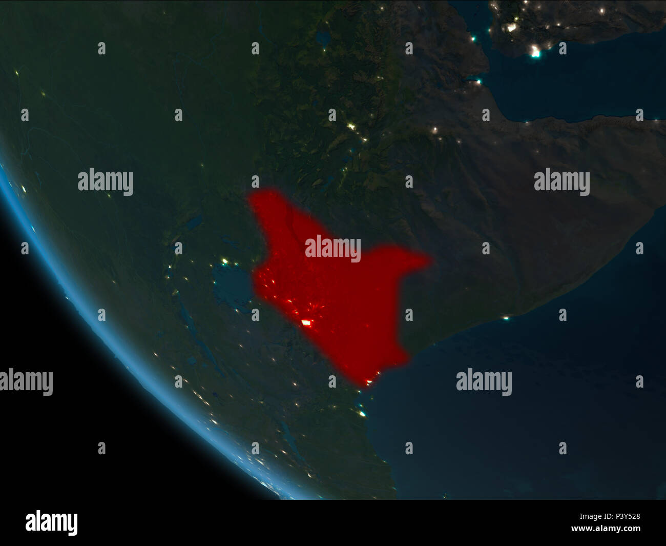 Kenya from orbit of planet Earth at night with highly detailed surface ...