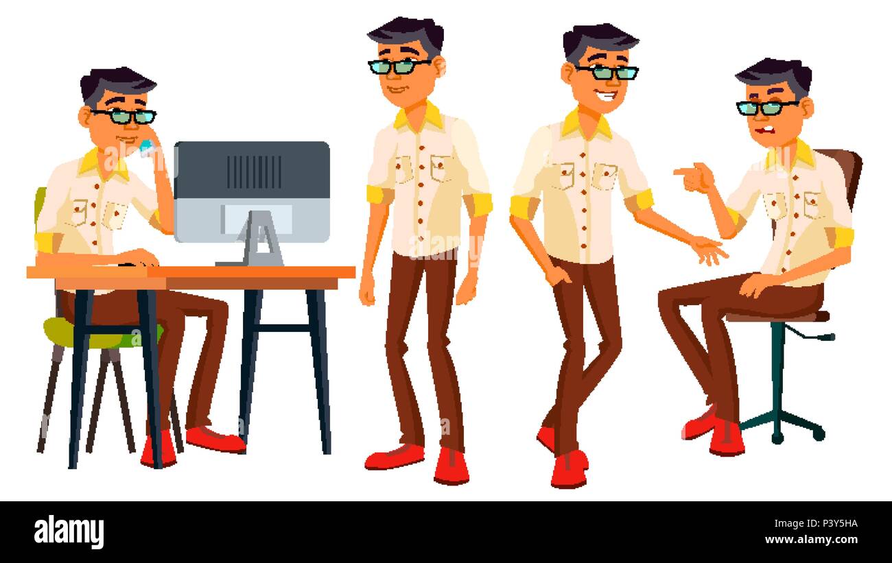 Office Worker Vector. Thai, Vietnamese. Facial Emotions, Gestures ...