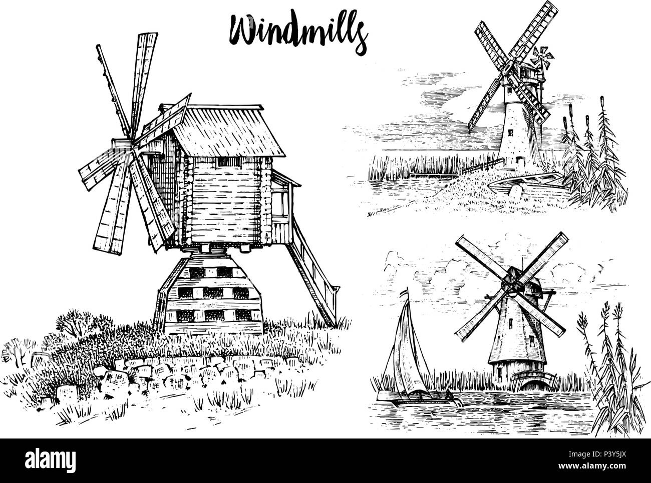 Windmill landscape in vintage, retro hand drawn or engraved style, can ...