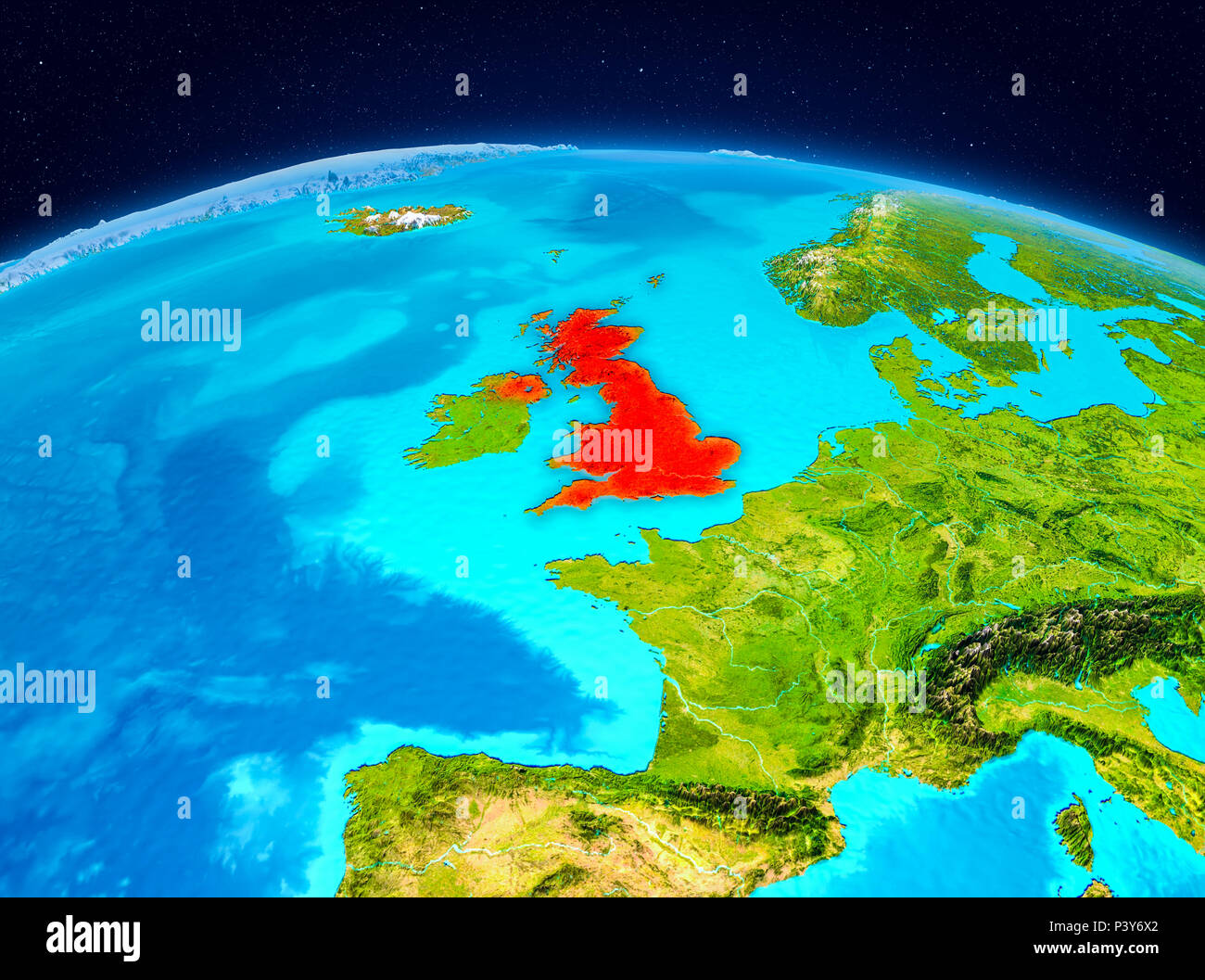 Satellite view of United Kingdom highlighted in red on planet Earth. 3D ...