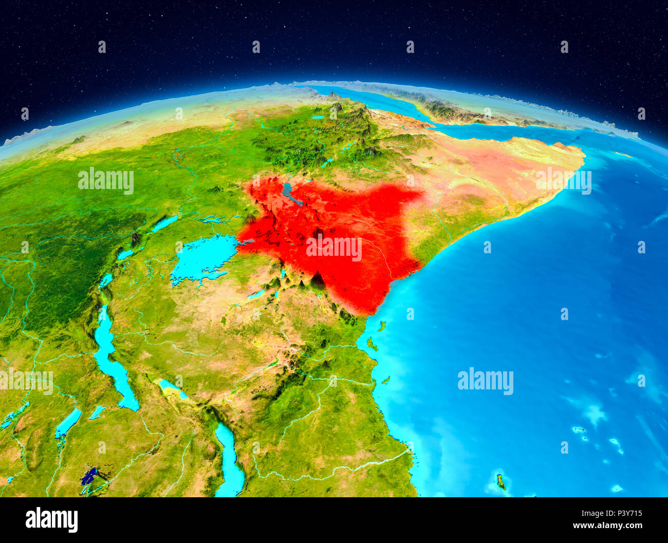 Satellite view of Kenya highlighted in red on planet Earth. 3D ...