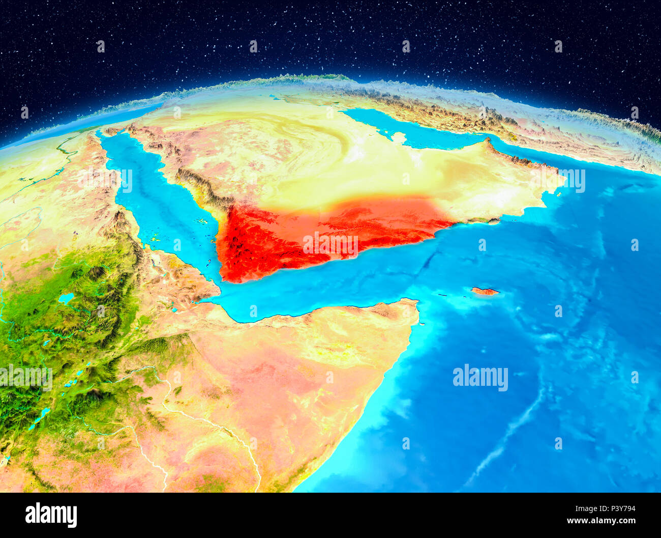 Satellite view of Yemen highlighted in red on planet Earth. 3D ...