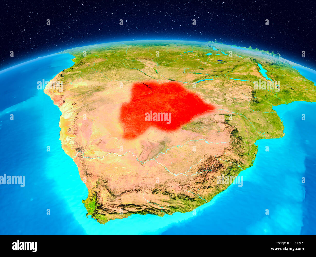 Satellite view of Botswana highlighted in red on planet Earth. 3D illustration. Elements of this ...
