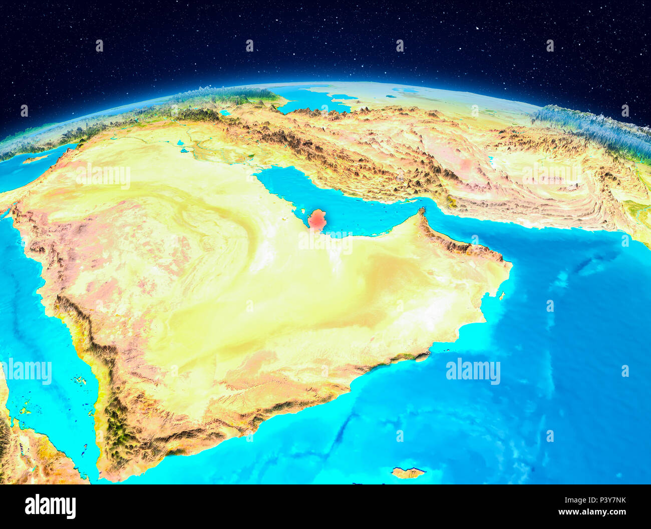Satellite view of Qatar highlighted in red on planet Earth. 3D ...