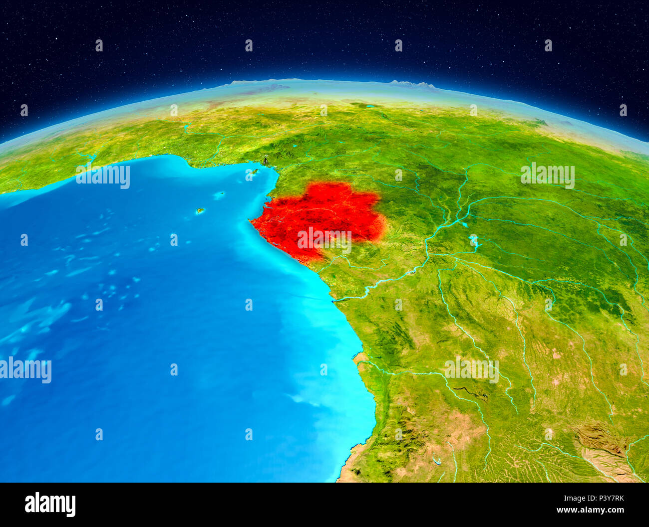 Satellite view of Gabon highlighted in red on planet Earth. 3D ...