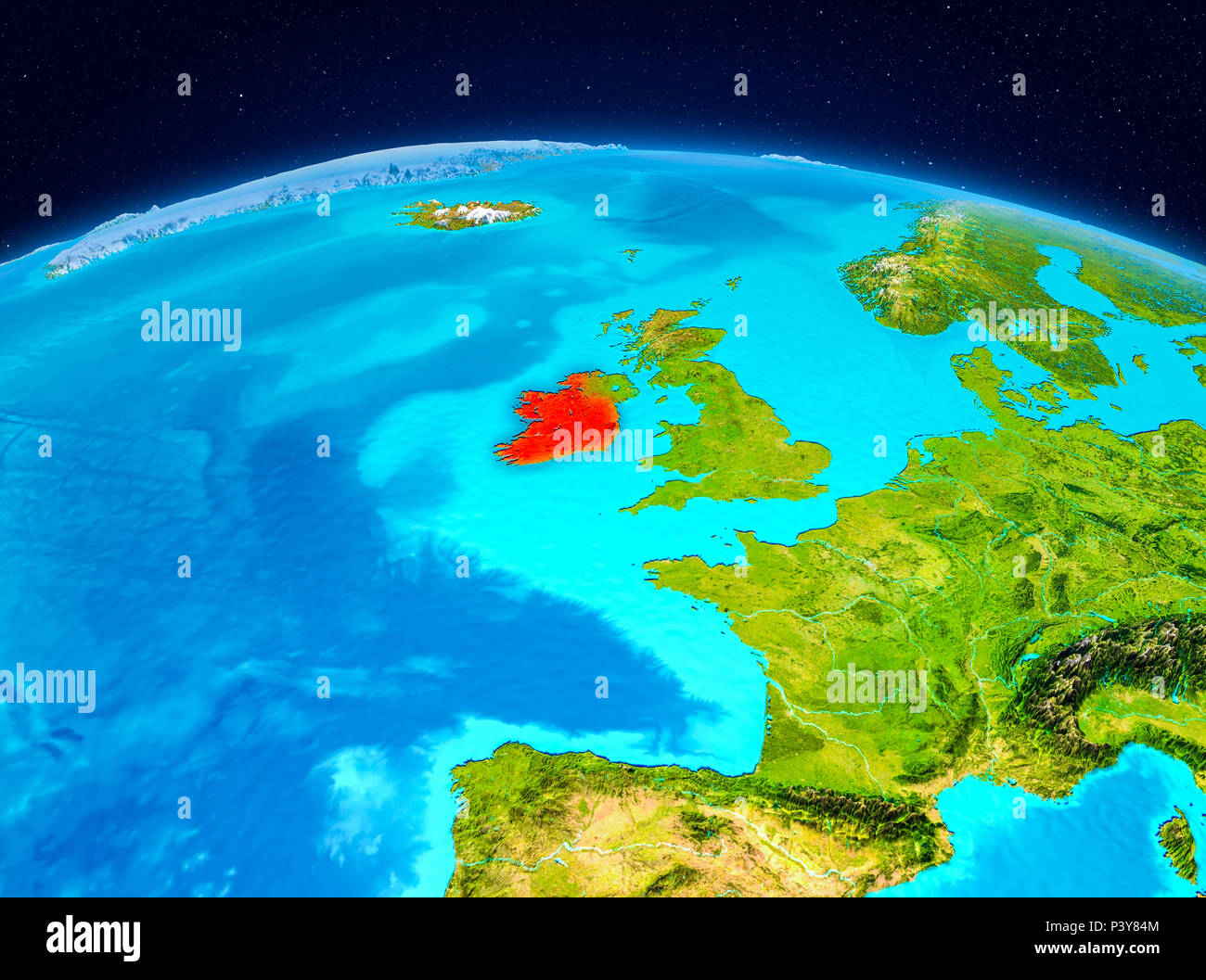 Satellite view of Ireland highlighted in red on planet Earth. 3D ...