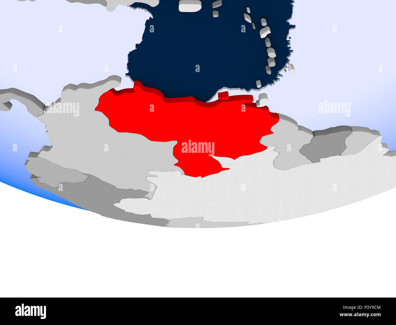 Venezuela on 3D model of political globe with transparent oceans. 3D ...