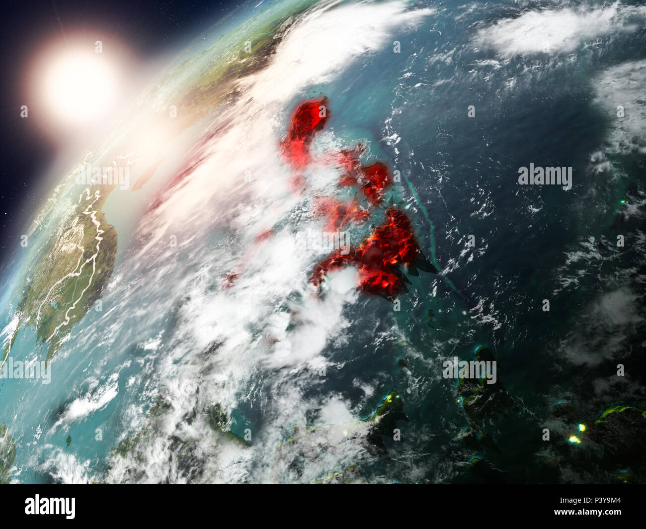 Philippines during sunset highlighted in red on planet Earth with clouds and visible country ...