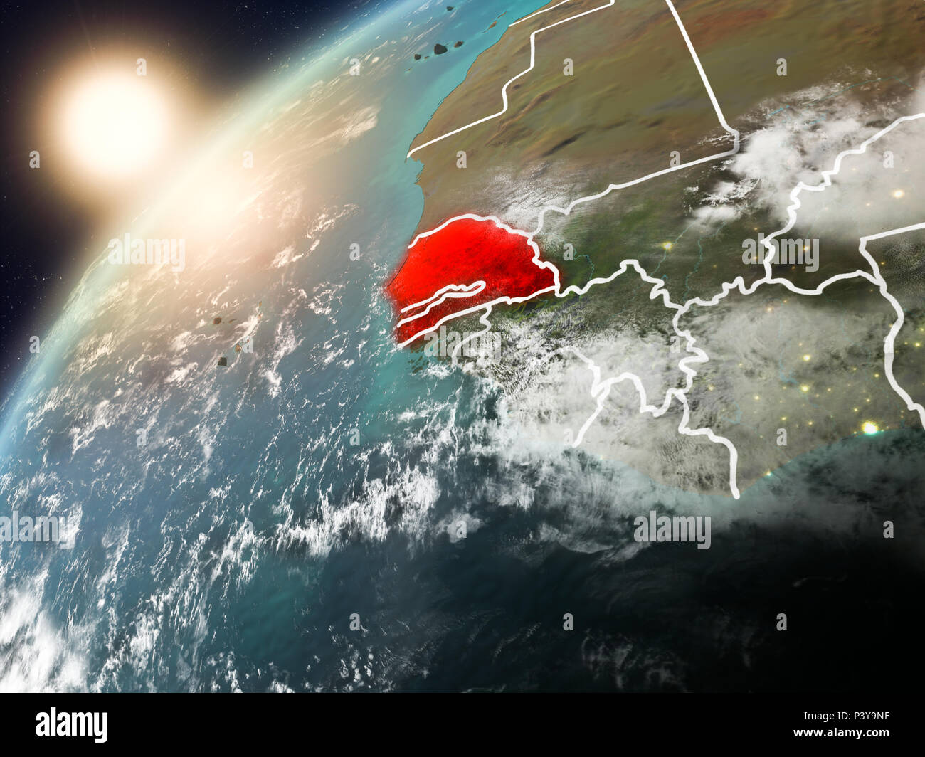 Senegal during sunset highlighted in red on planet Earth with clouds and visible country borders ...