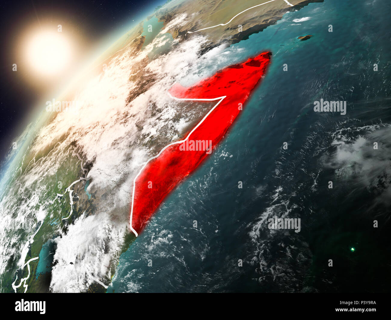 Somalia during sunset highlighted in red on planet Earth with clouds ...