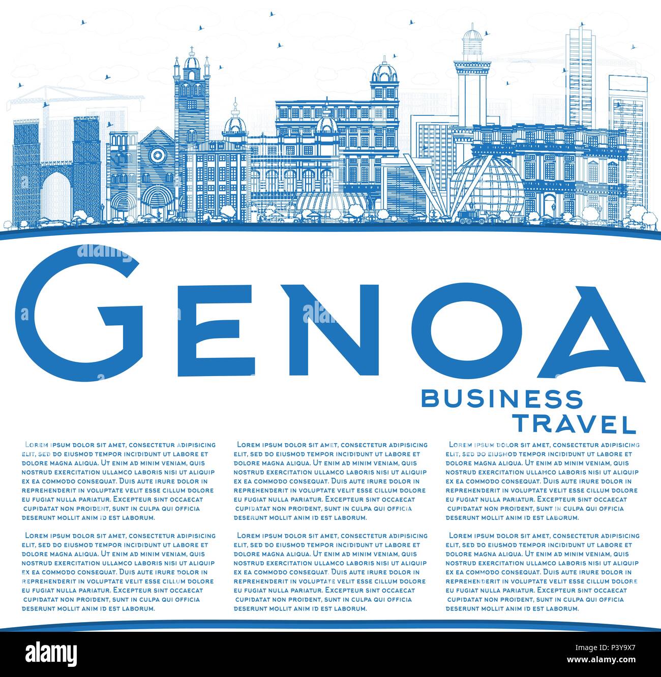 Outline Genoa Italy City Skyline with Blue Buildings and Copy Space ...