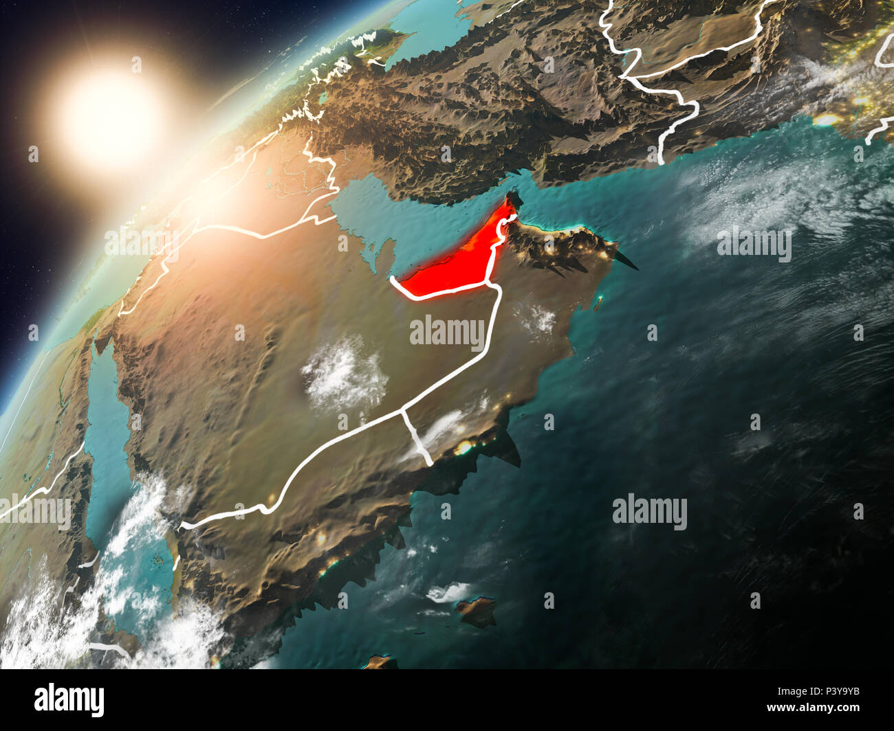 United Arab Emirates during sunset highlighted in red on planet Earth ...