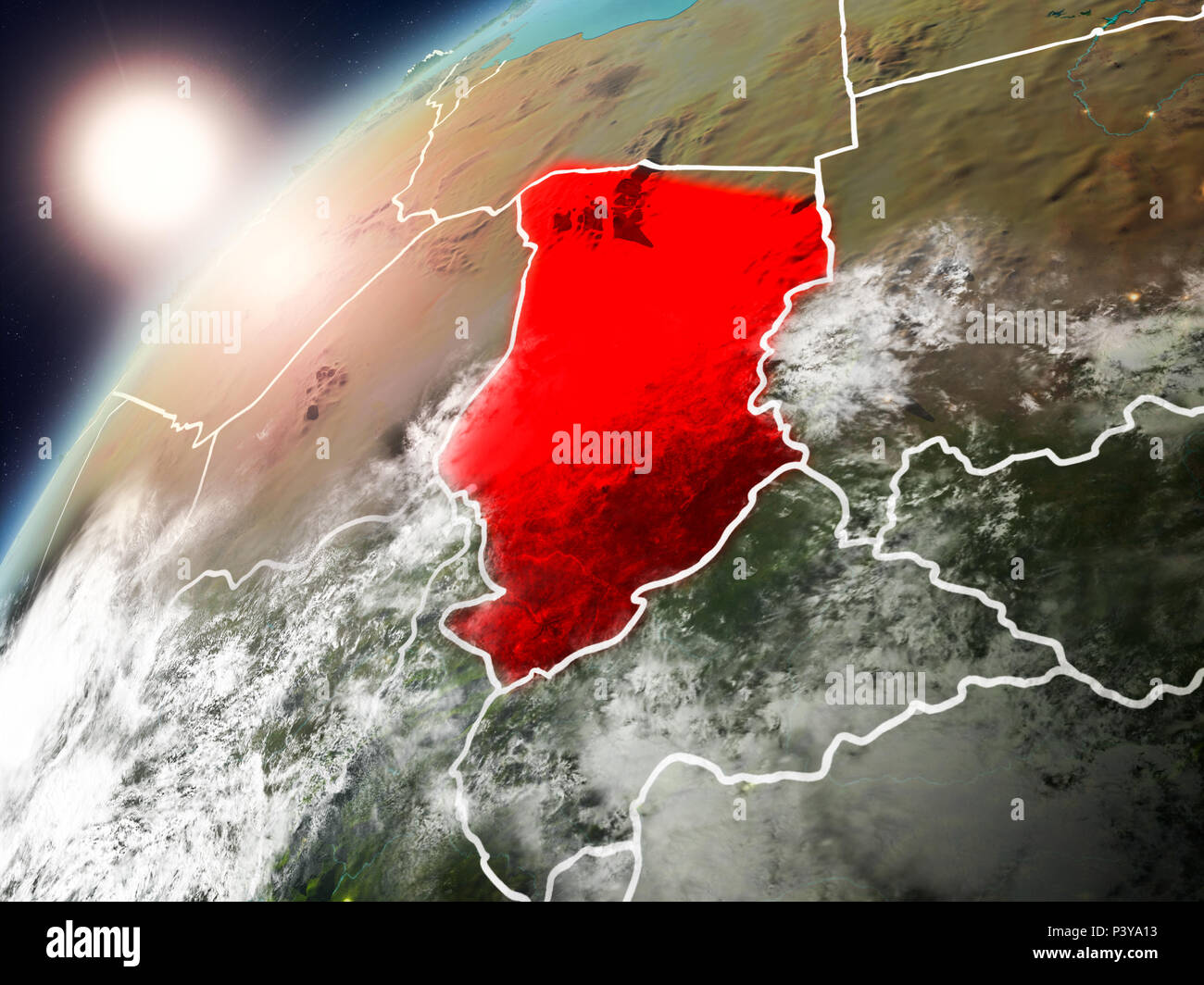 Chad during sunset highlighted in red on planet Earth with clouds and ...