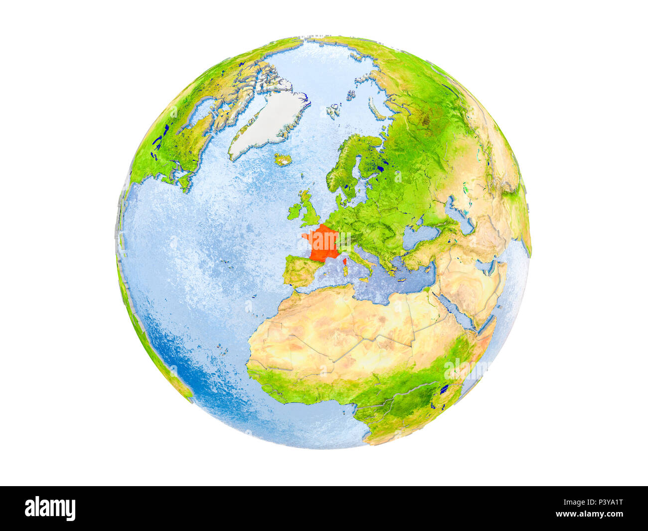 France highlighted in red on model of Earth. 3D illustration isolated ...