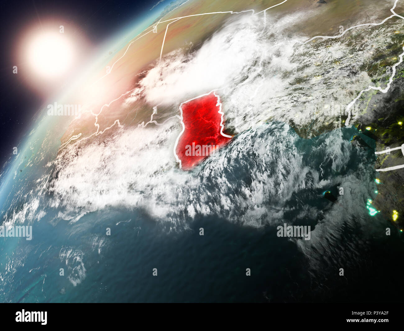 Ghana during sunset highlighted in red on planet Earth with clouds and ...