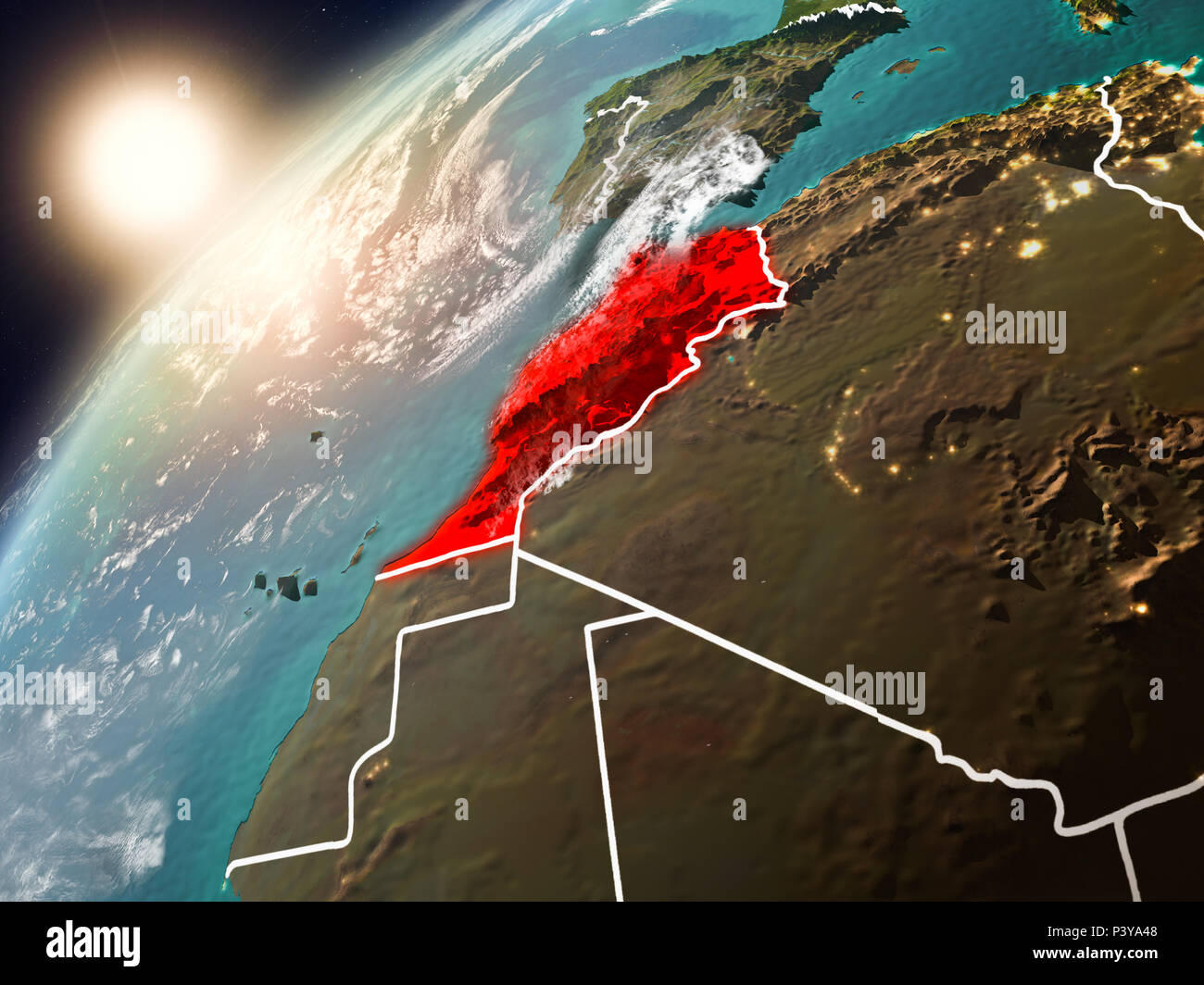 Morocco during sunset highlighted in red on planet Earth with clouds ...