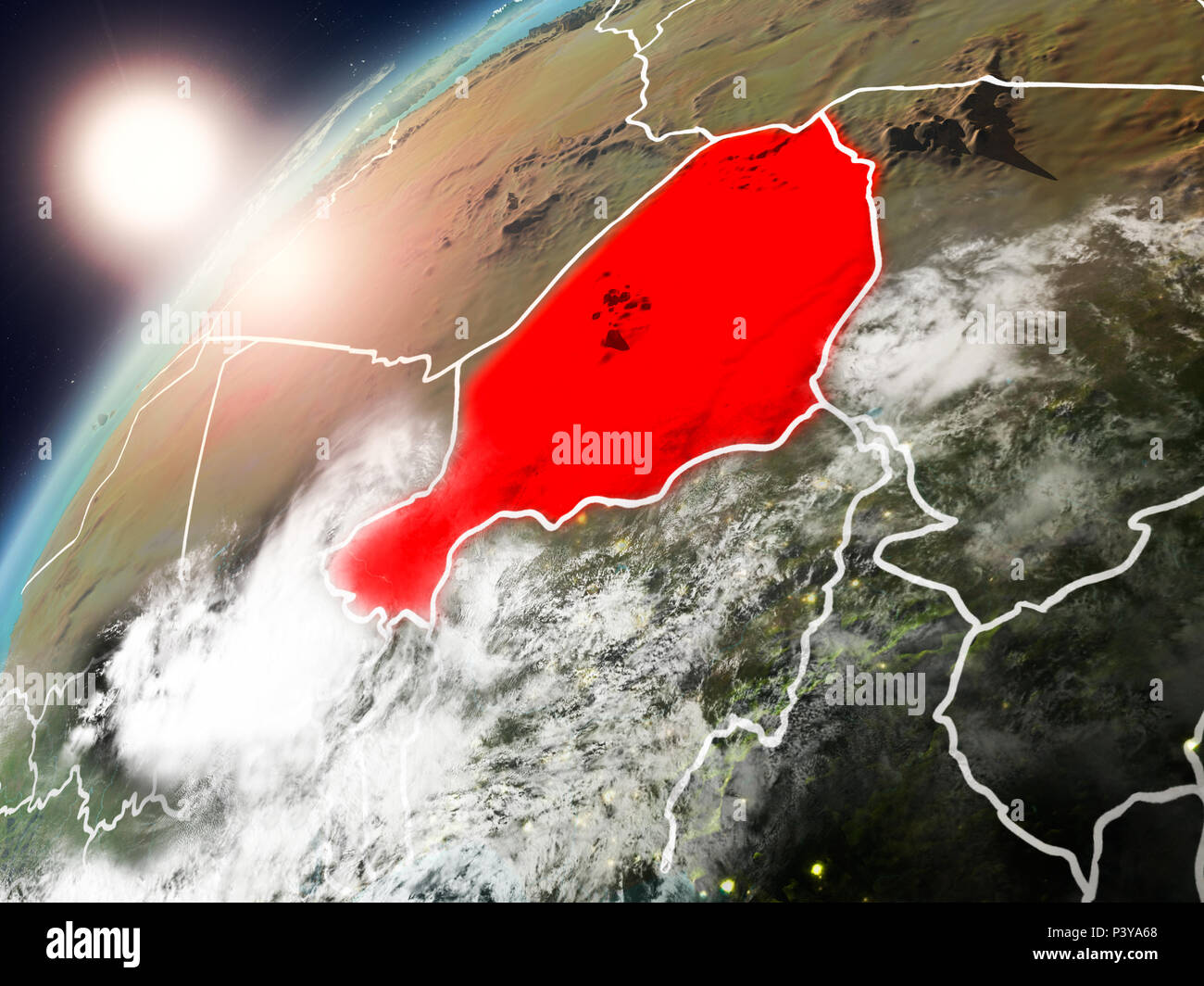 Niger during sunset highlighted in red on planet Earth with clouds and visible country borders ...