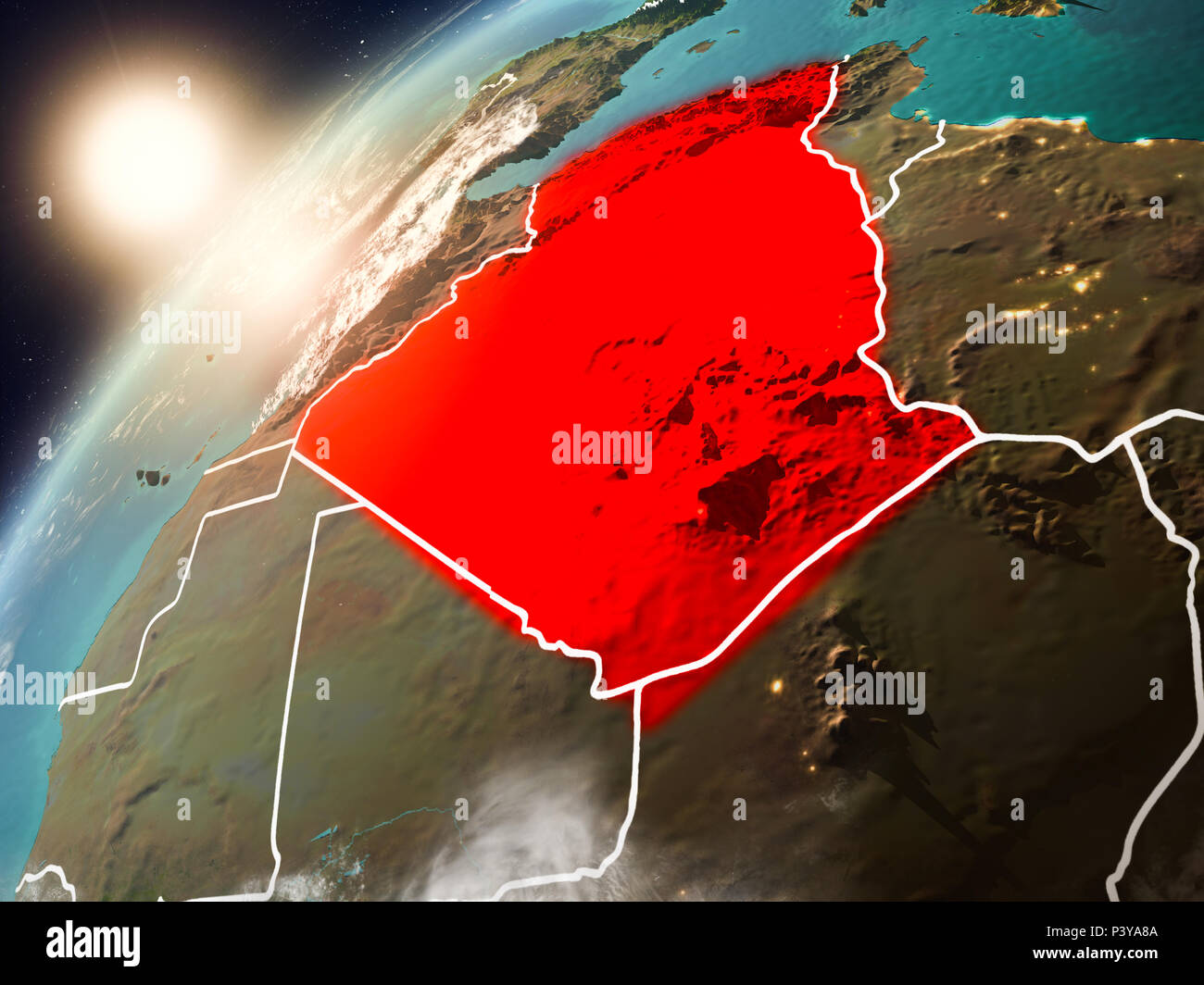 Algeria during sunset highlighted in red on planet Earth with clouds and visible country borders ...