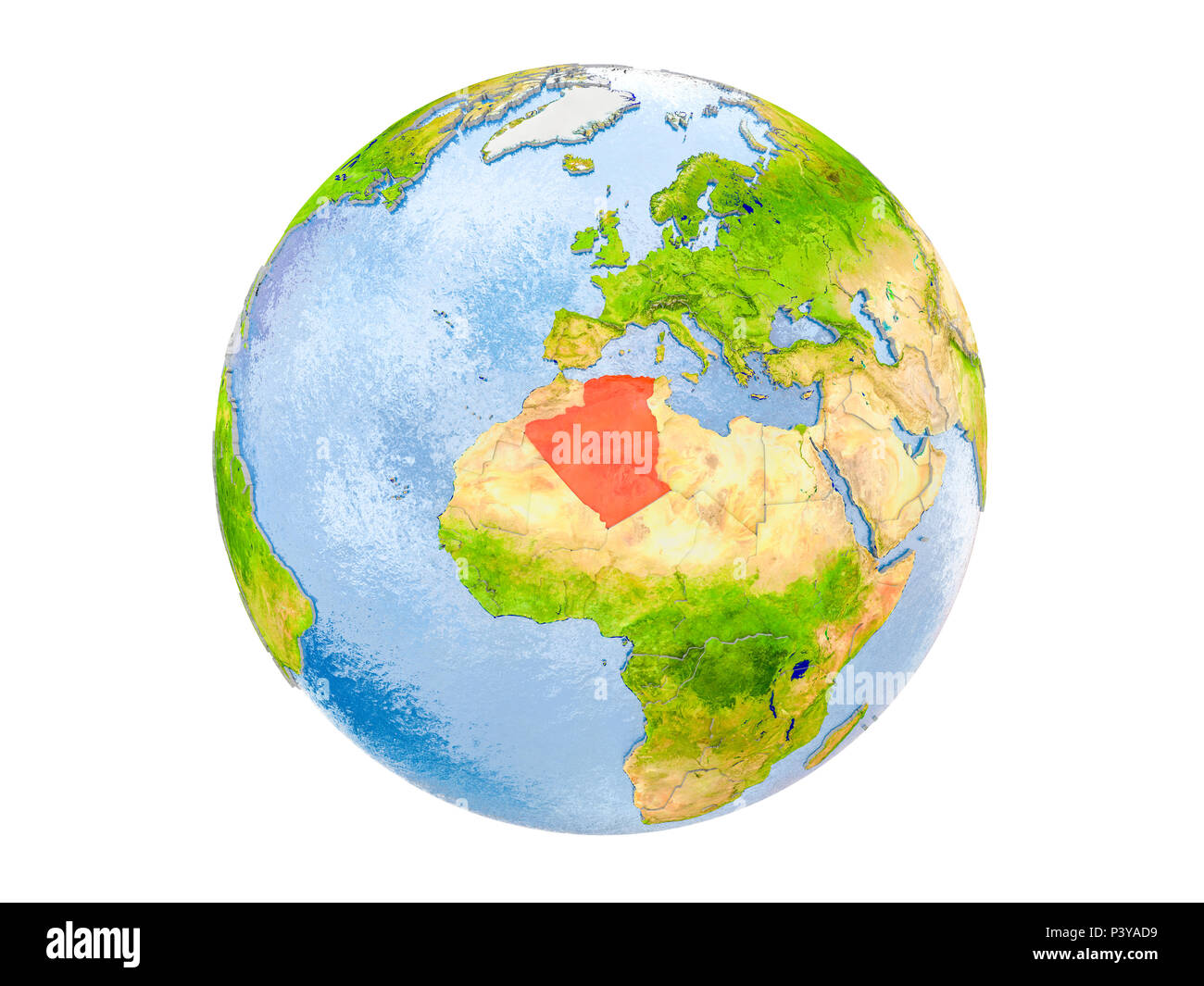 Algeria highlighted in red on model of Earth. 3D illustration isolated ...