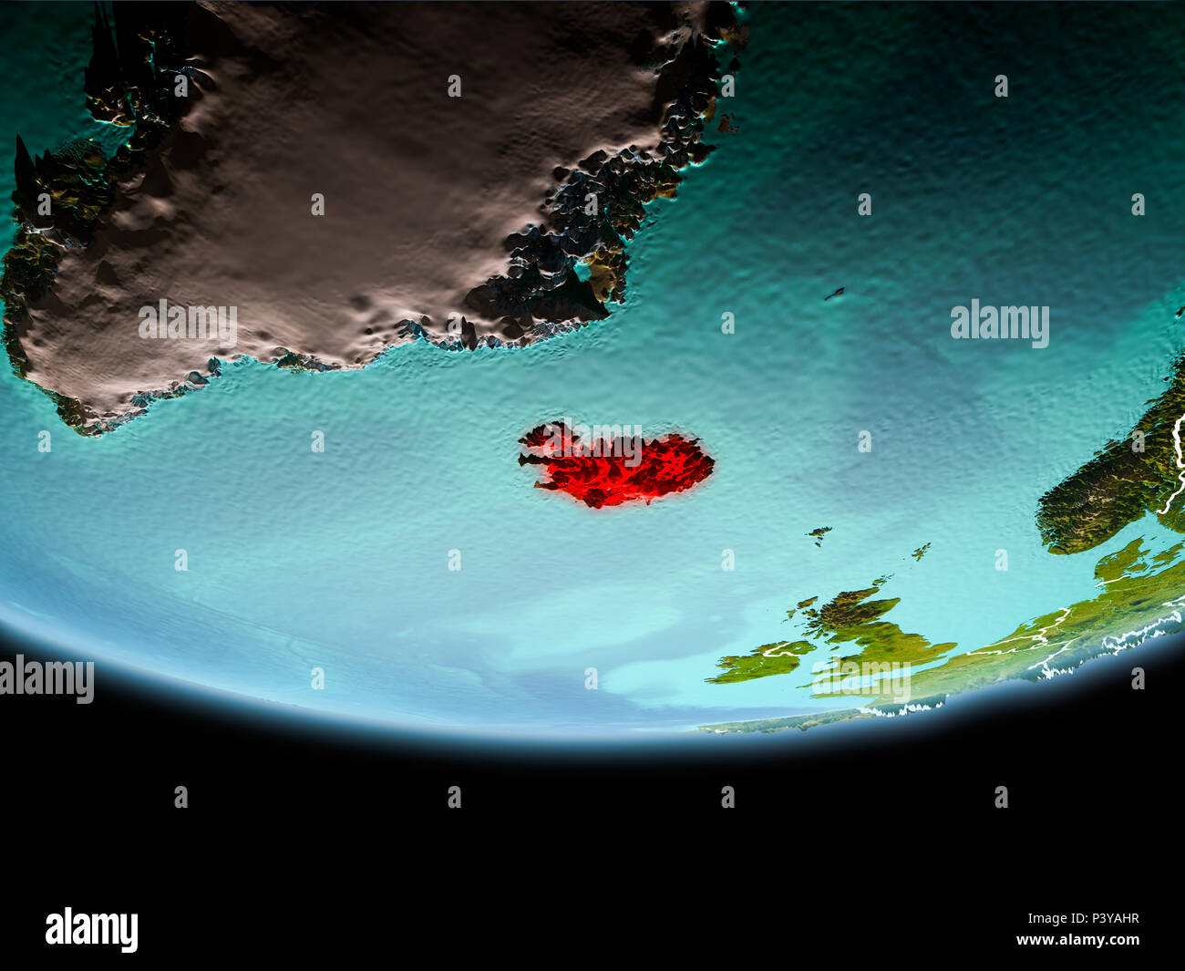 Country of Iceland in red on planet Earth in the evening with visible ...