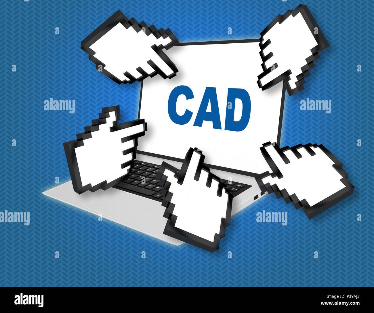 3D illustration of CAD script with pointing hand icons pointing at the ...
