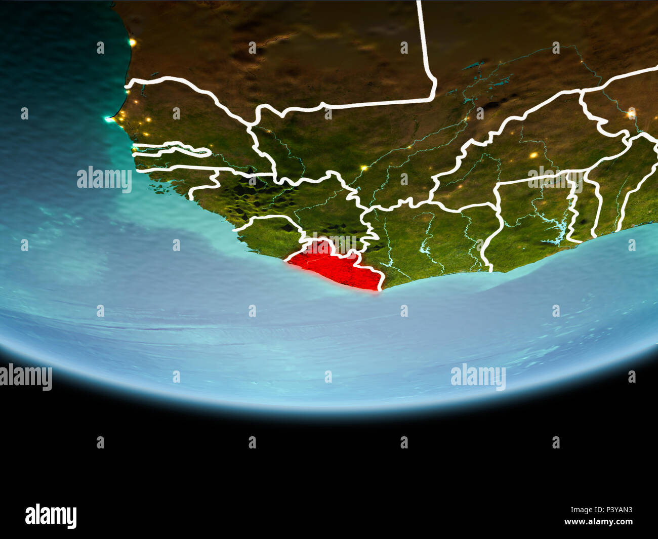 Country of Liberia in red on planet Earth in the evening with visible ...