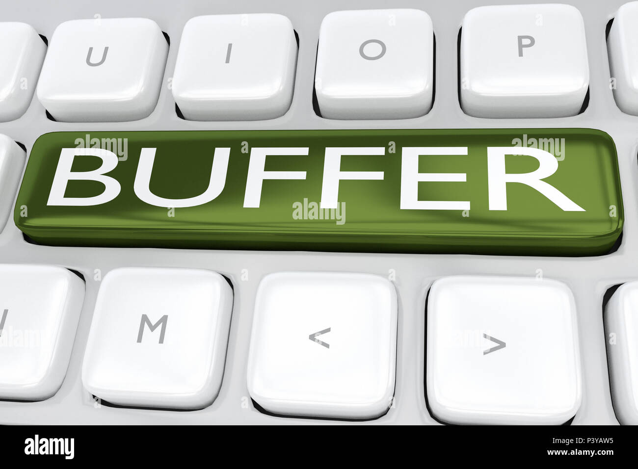 3D illustration of computer keyboard with the print BUFFER on a dark green button Stock Photo ...