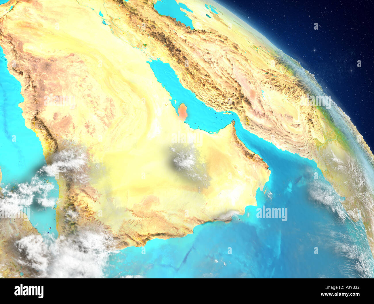 Illustration of Qatar as seen from Earth’s orbit. 3D illustration ...