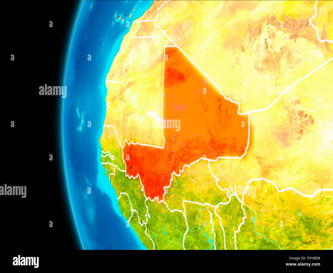 Mali as seen from Earth’s orbit on planet Earth highlighted in red with visible borders. 3D ...