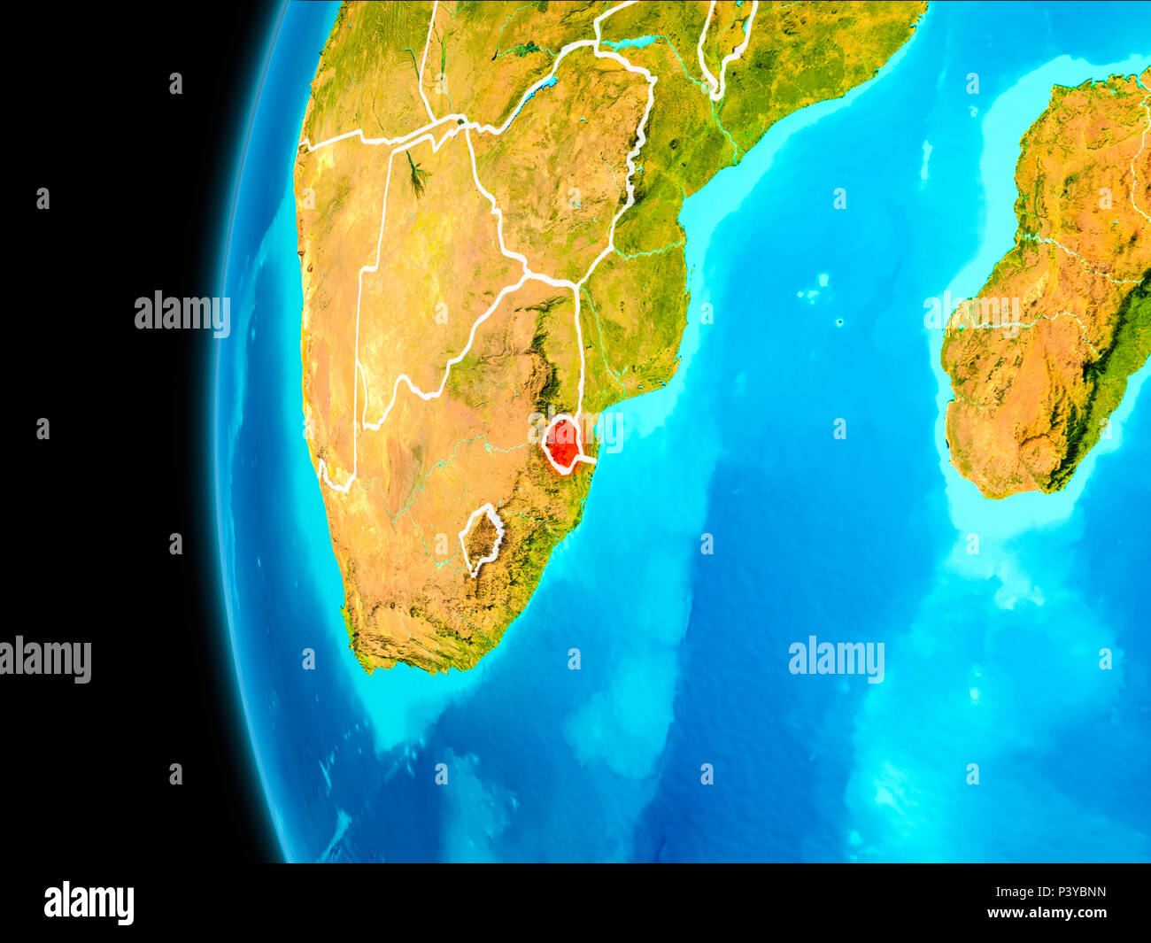 Swaziland as seen from Earth’s orbit on planet Earth highlighted in red with visible borders. 3D ...