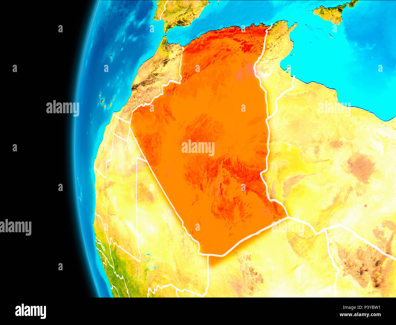 Algeria as seen from Earth’s orbit on planet Earth highlighted in red ...