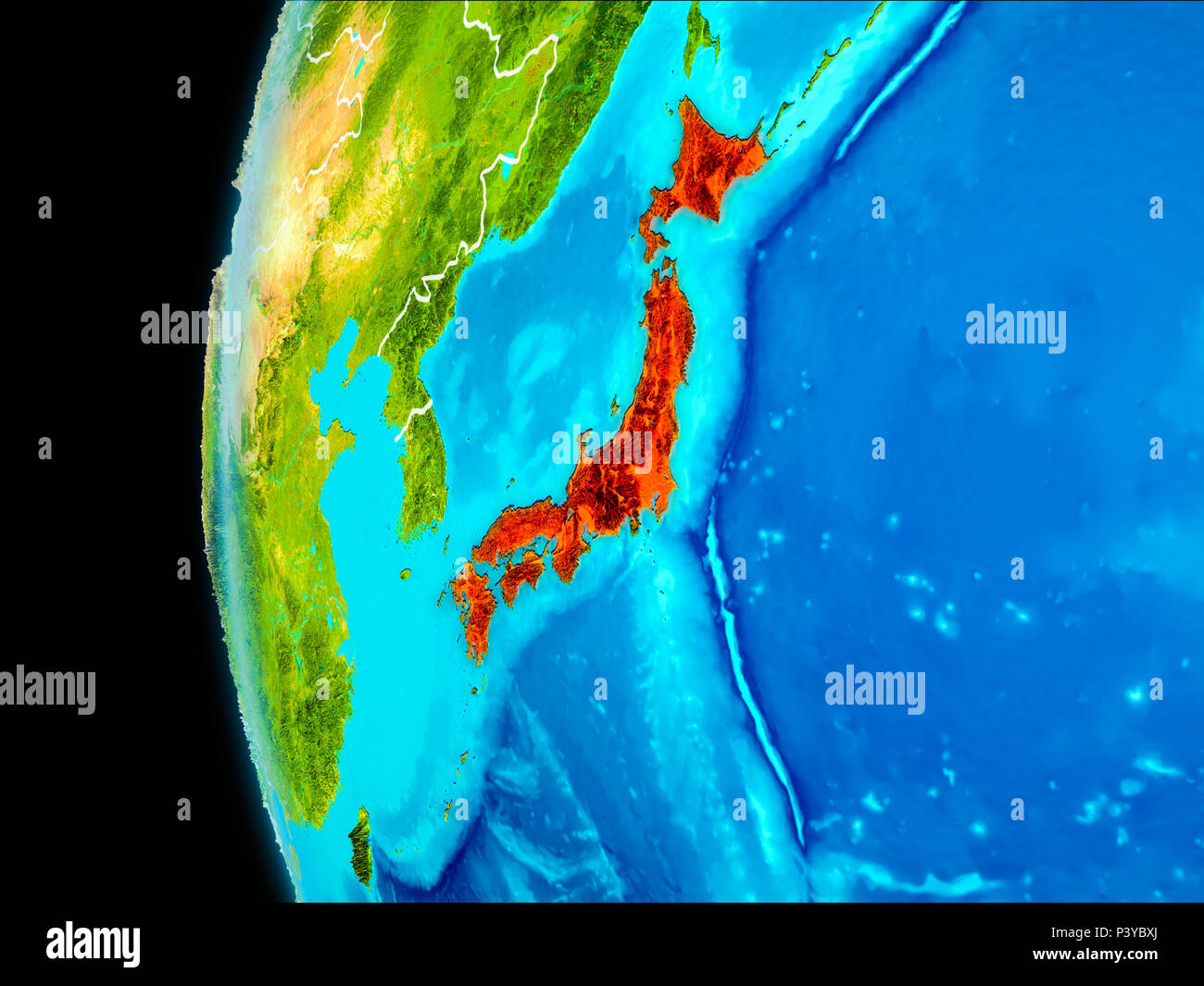 Japan as seen from Earth’s orbit on planet Earth highlighted in red ...
