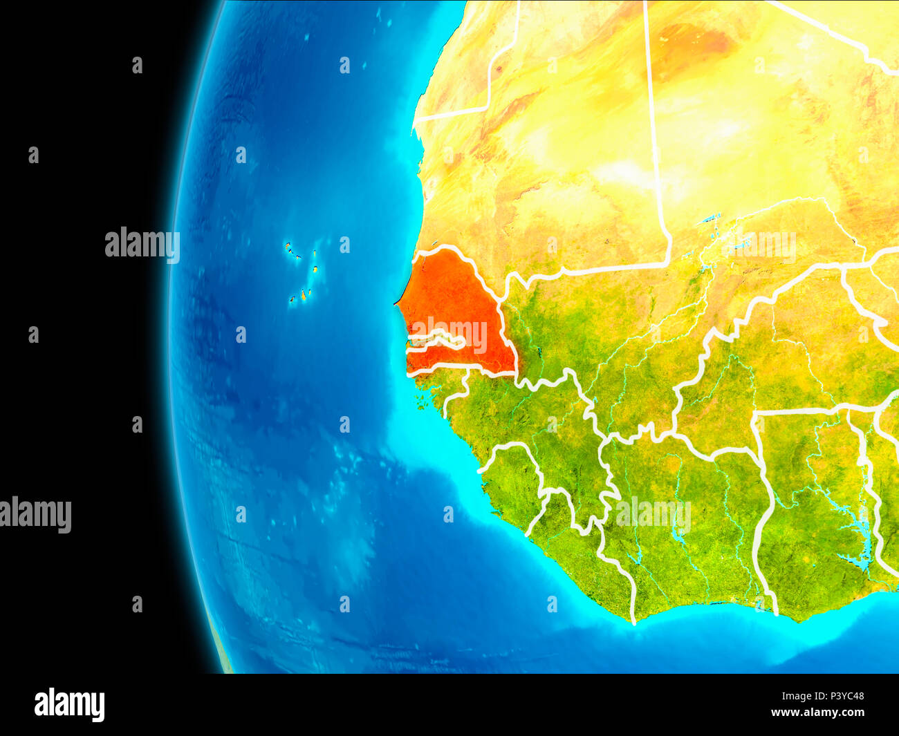 Senegal as seen from Earth’s orbit on planet Earth highlighted in red ...
