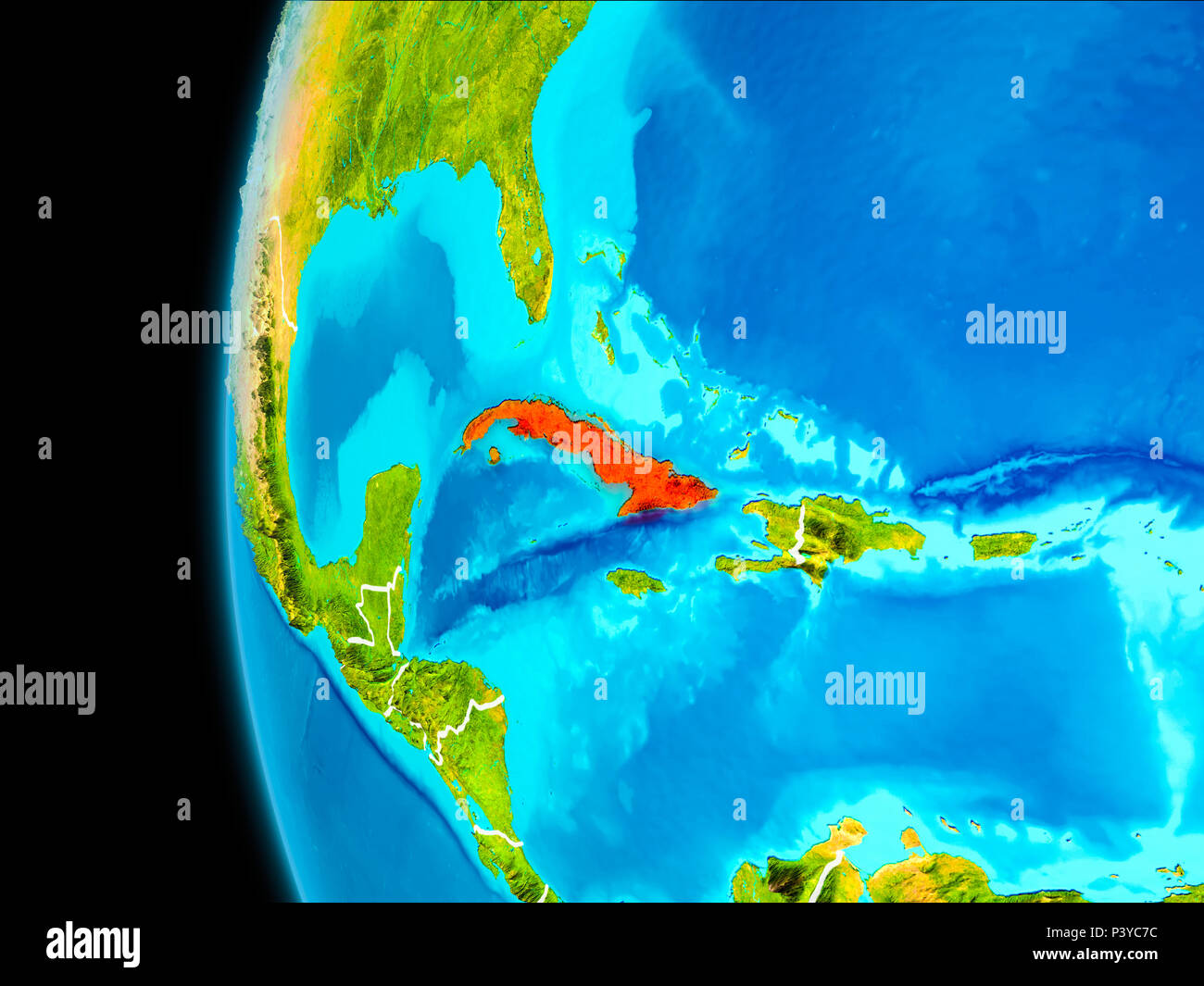Cuba as seen from Earth’s orbit on planet Earth highlighted in red with ...