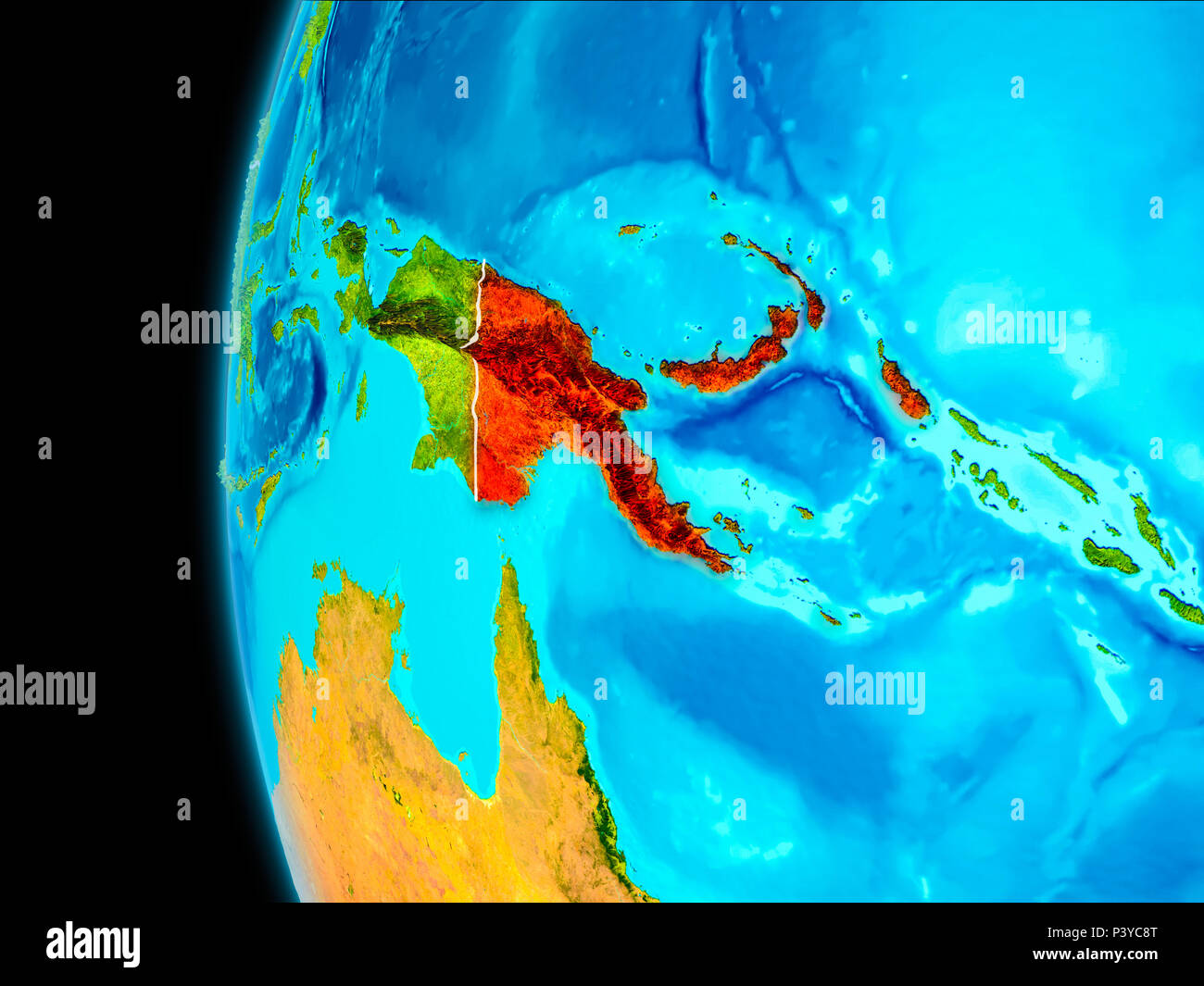 Papua New Guinea as seen from Earth’s orbit on planet Earth highlighted in red with visible ...