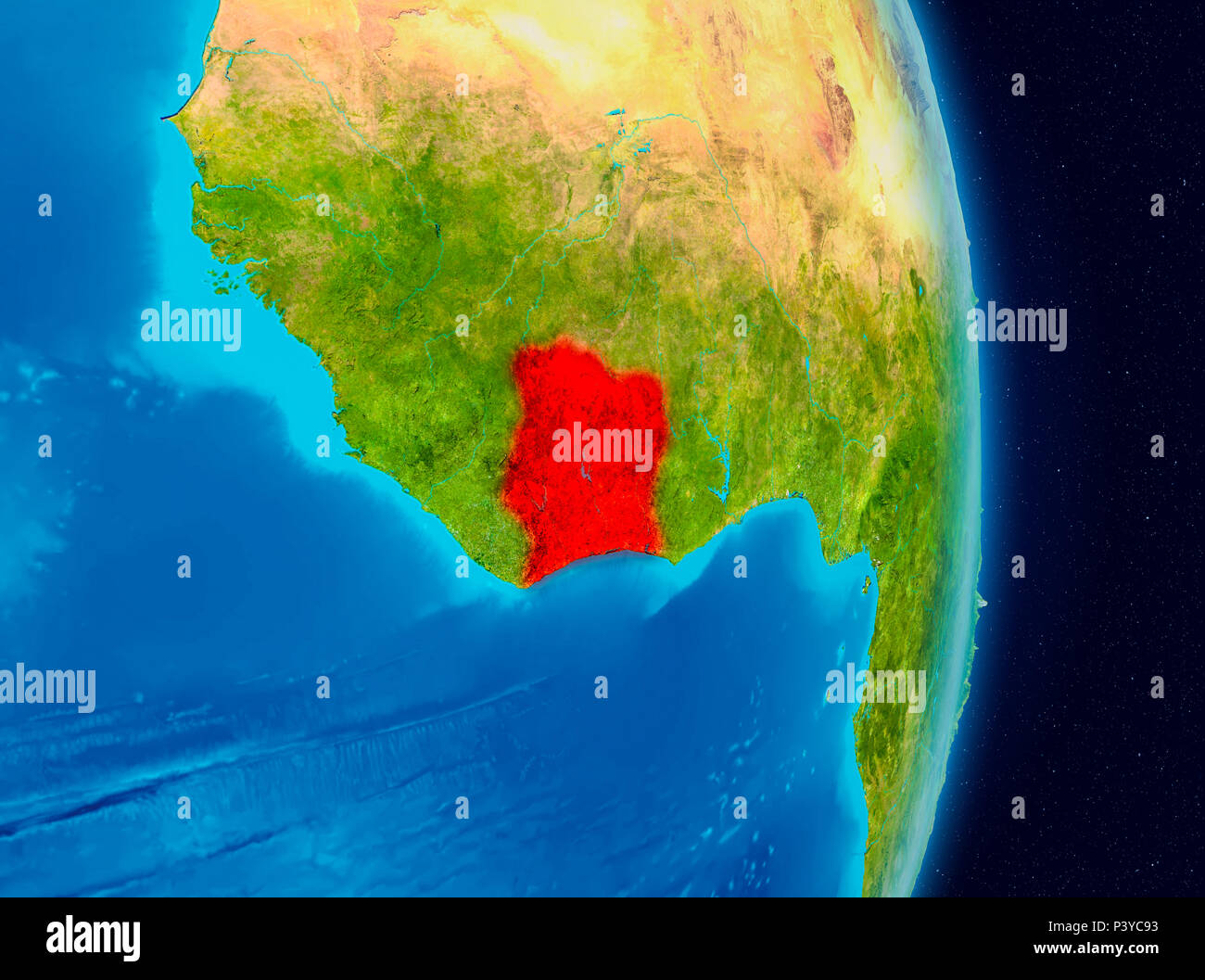 Country of Ivory Coast in red on planet Earth. 3D illustration ...