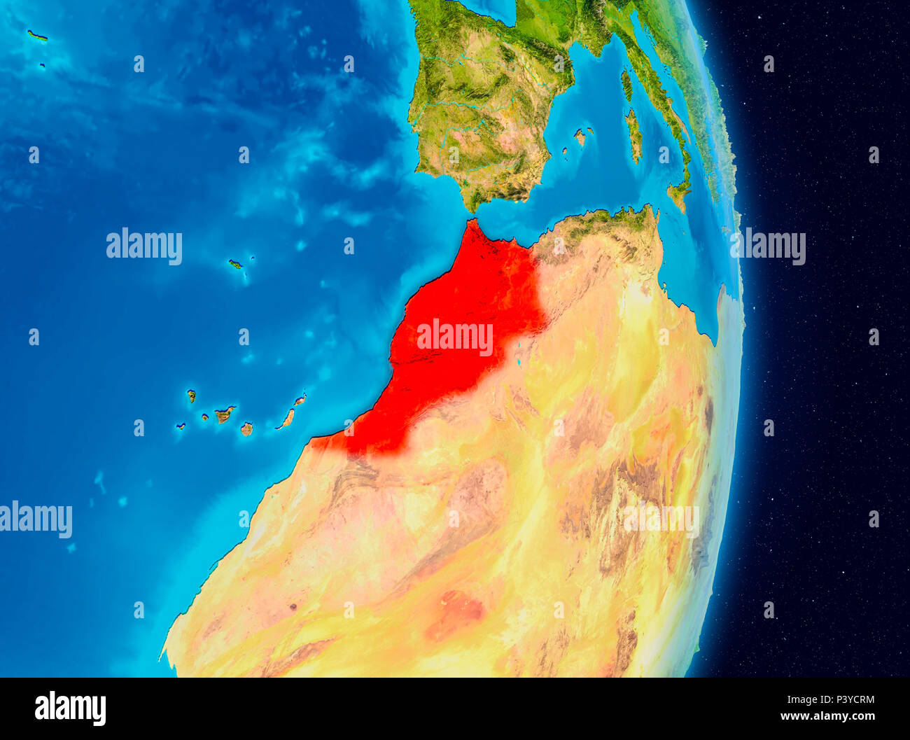 Country of Morocco in red on planet Earth. 3D illustration. Elements of ...