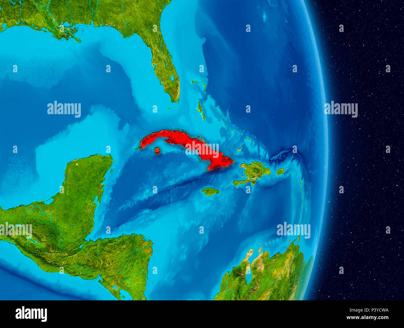Country of Cuba in red on planet Earth. 3D illustration. Elements of ...