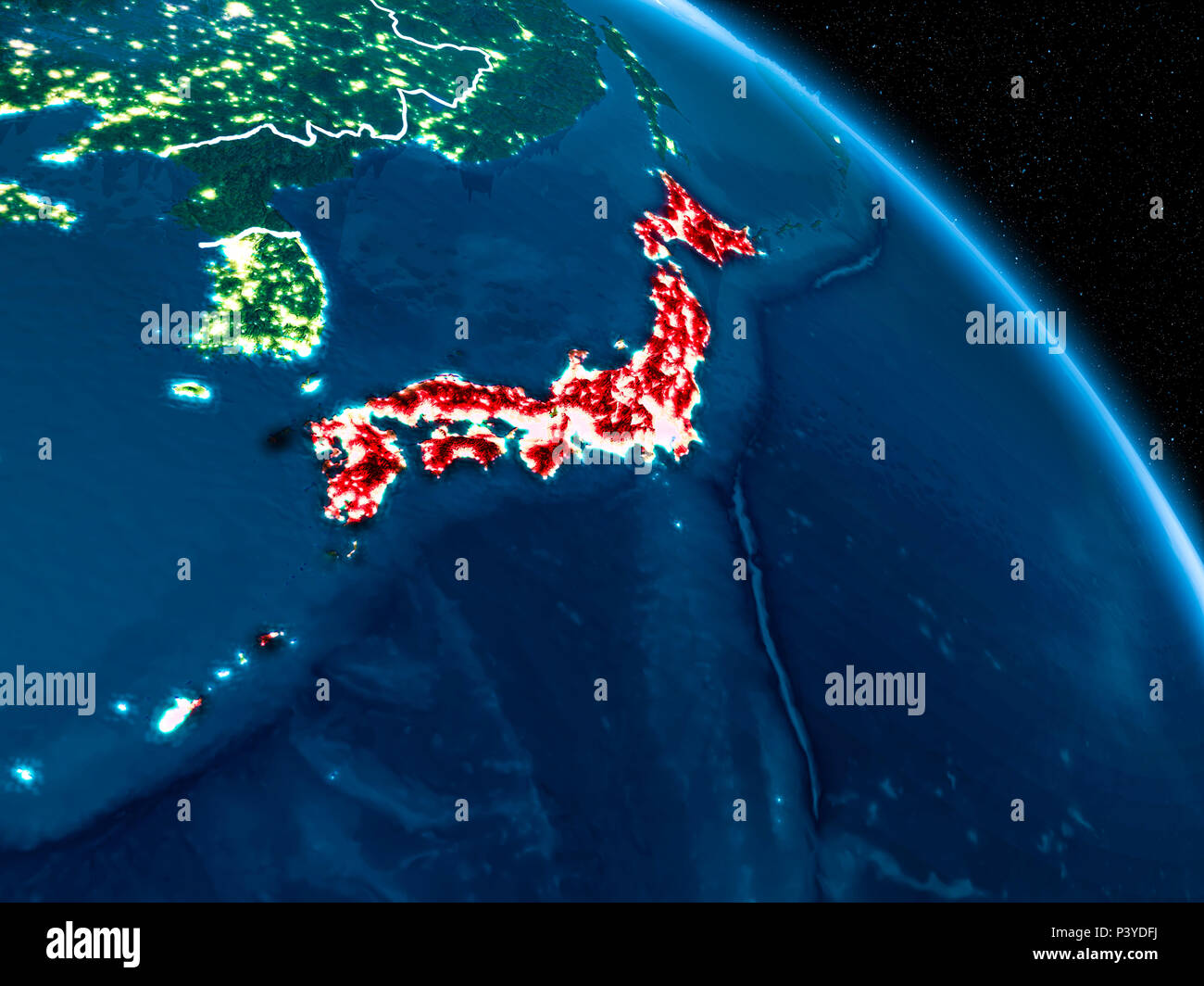 Satellite view of Japan highlighted in red on planet Earth at night ...