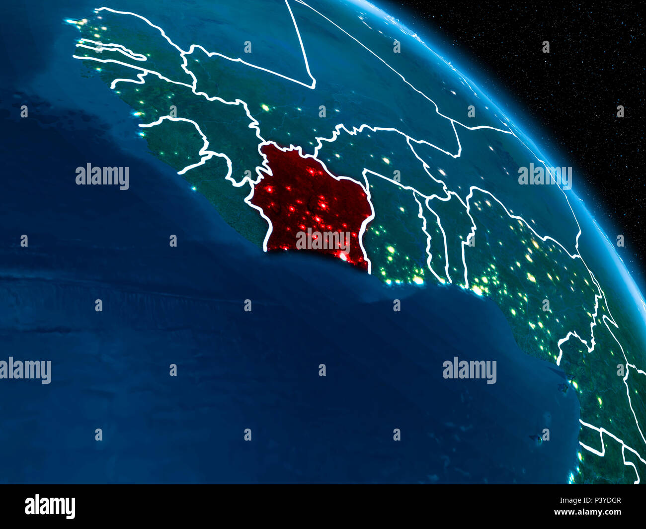 Satellite view of Ivory Coast highlighted in red on planet Earth at ...