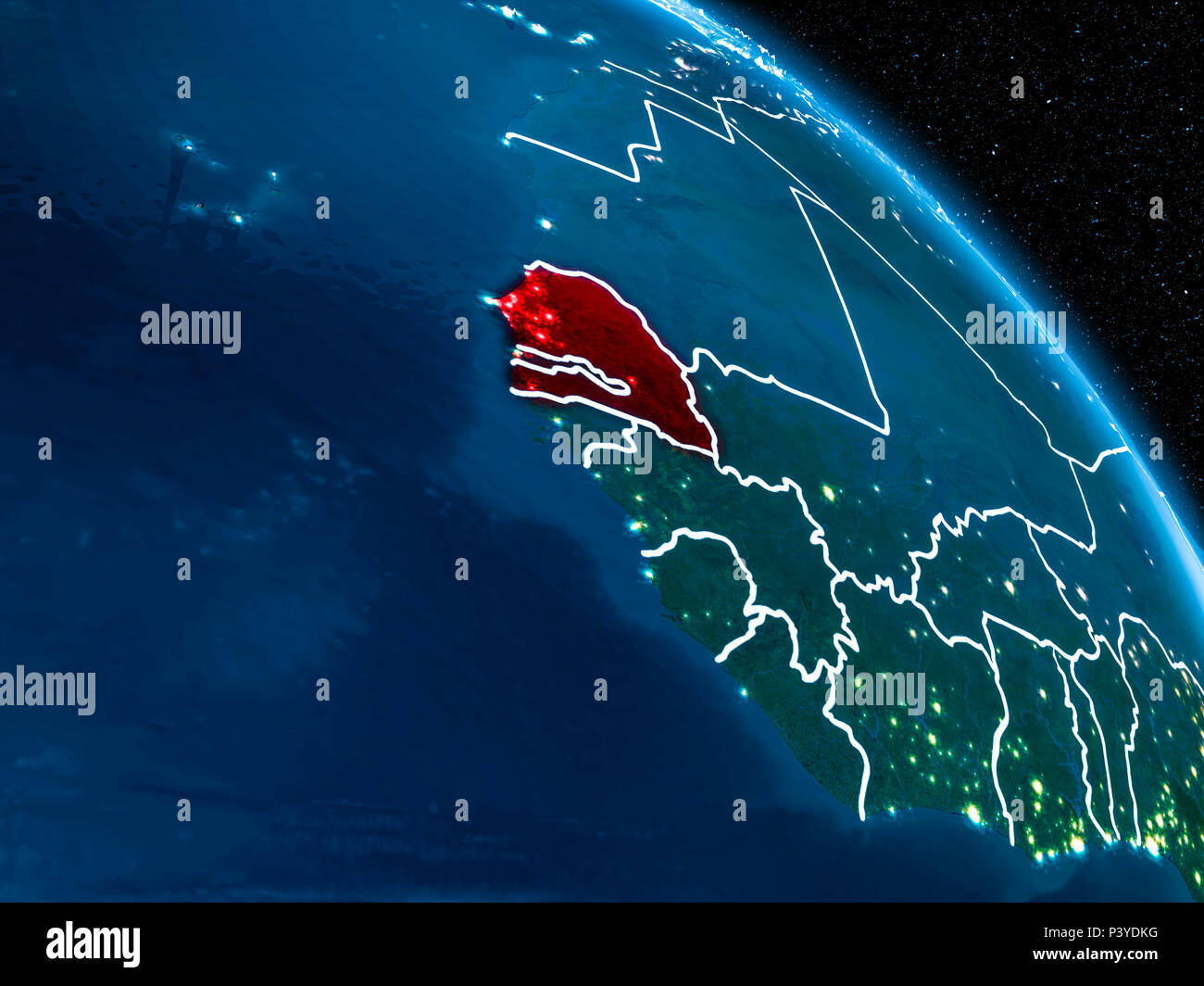 Satellite view of Senegal highlighted in red on planet Earth at night ...