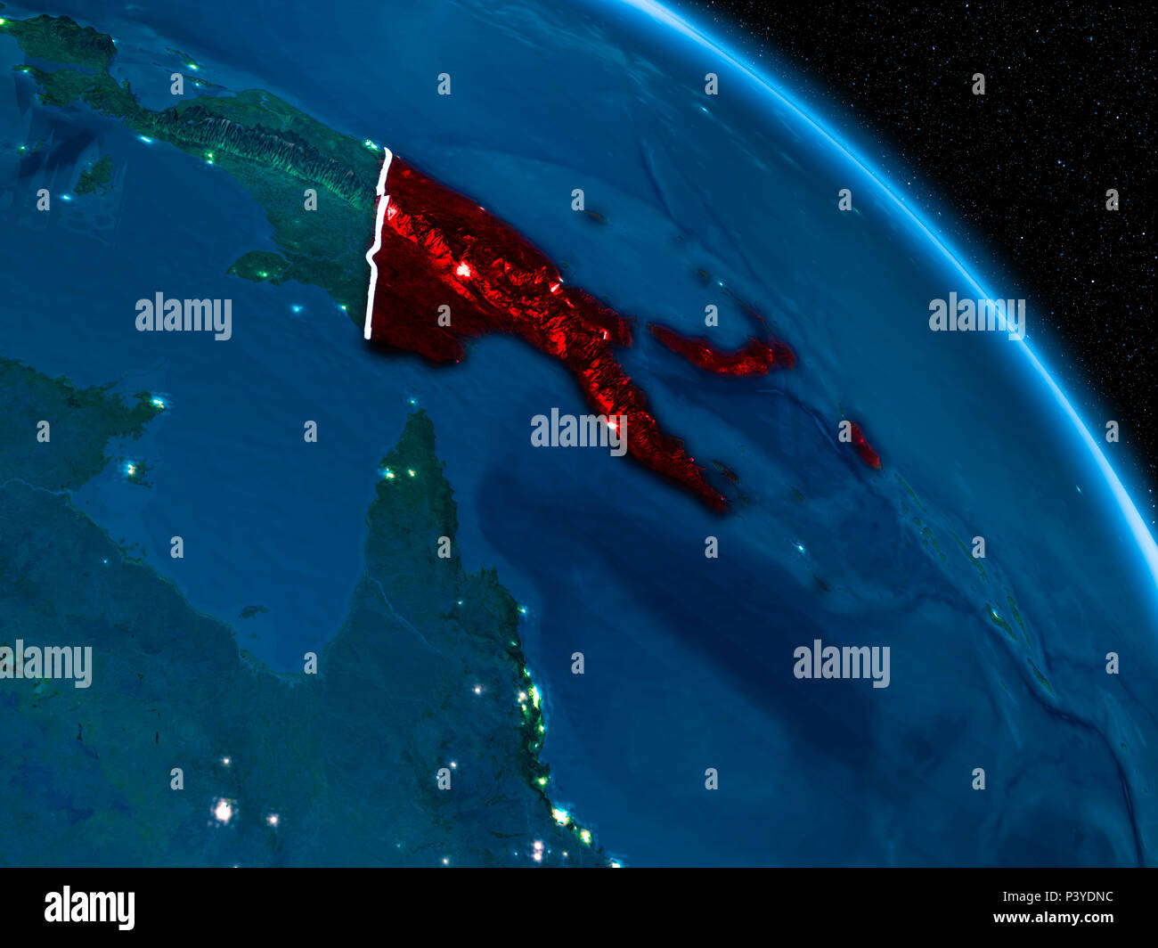 Satellite view of Papua New Guinea highlighted in red on planet Earth at night with borderlines ...