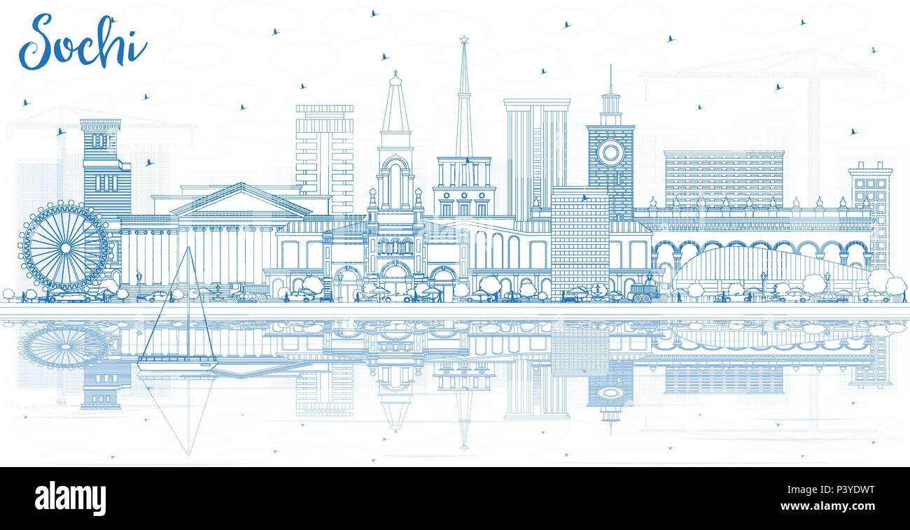 Outline Sochi Russia City Skyline with Blue Buildings and Reflections ...