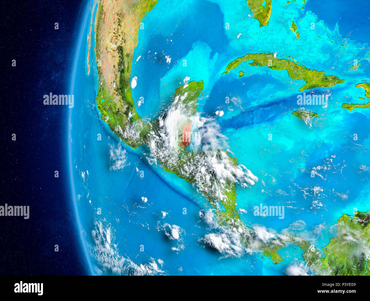 Map of Belize as seen from space on planet Earth with clouds and ...