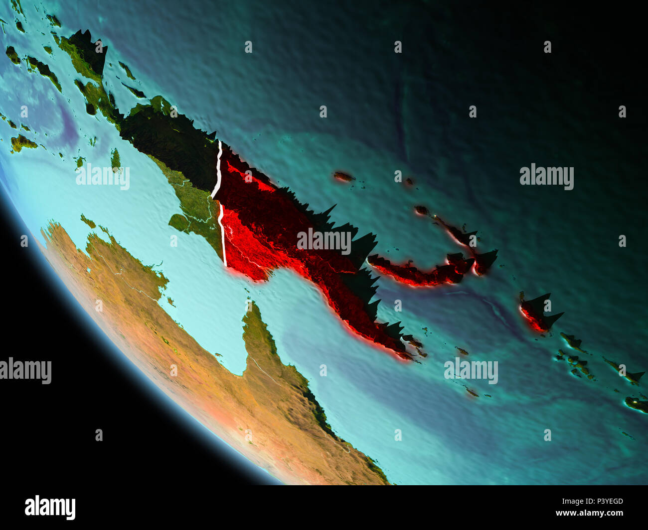 Papua New Guinea from orbit of planet Earth at night with highly detailed surface textures with ...